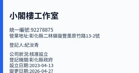 小閣樓工作室的照片-統編 92278875(彰化縣) 公司登記資料與營業項目詳細圖表