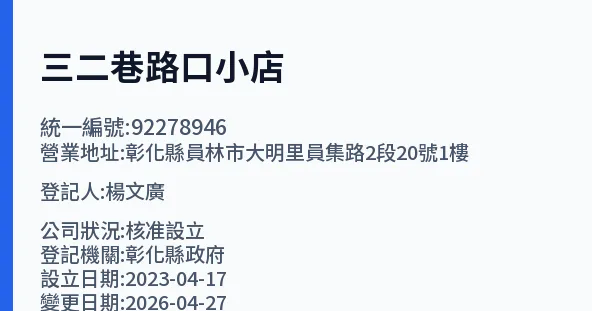 三二巷路口小店的照片-統編 92278946(彰化縣) 公司登記資料與營業項目詳細圖表
