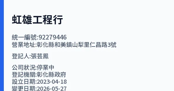 虹雄工程行的照片-統編 92279446(彰化縣) 公司登記資料與營業項目詳細圖表