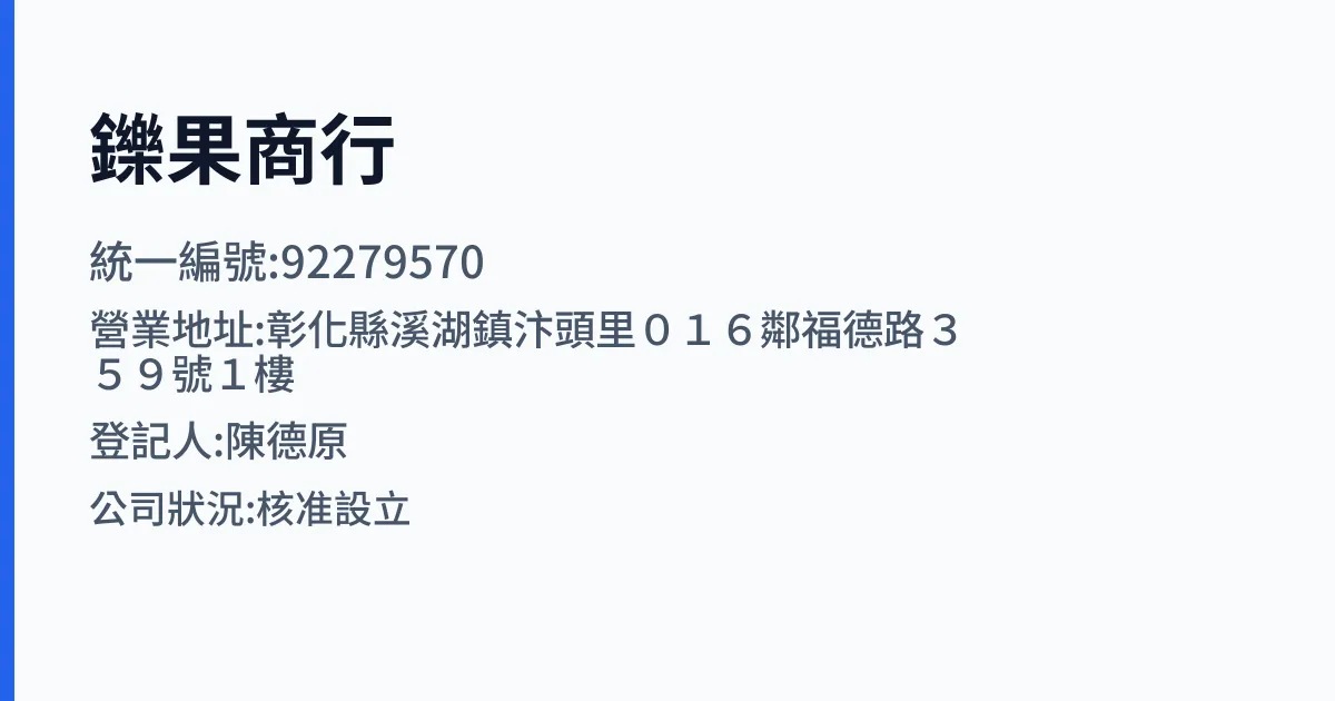 鑠果商行 - 統編 92279570(彰化縣) 公司登記資料與營業項目詳細圖表