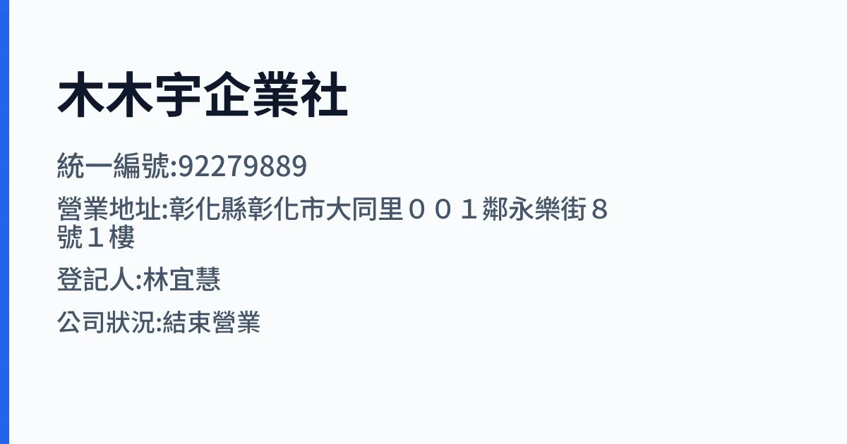 木木宇企業社 - 統編 92279889(彰化縣) 公司登記資料與營業項目詳細圖表