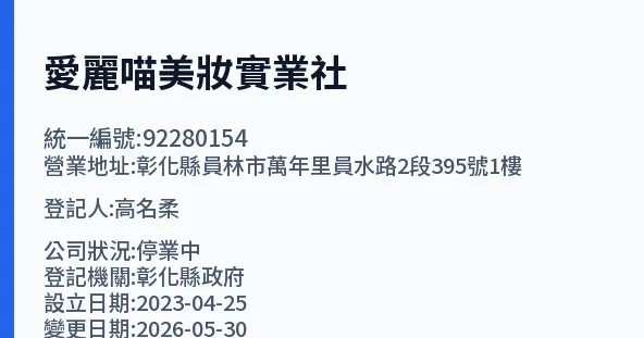 愛麗喵美妝實業社的照片-統編 92280154(彰化縣) 公司登記資料與營業項目詳細圖表