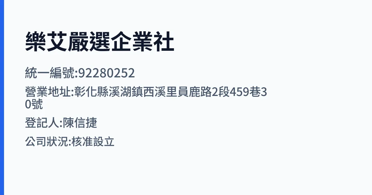 樂艾嚴選企業社 - 統編 92280252(彰化縣) 公司登記資料與營業項目詳細圖表