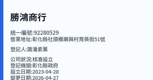 勝鴻商行的照片-統編 92280529(彰化縣) 公司登記資料與營業項目詳細圖表