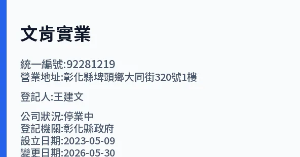 文肯實業的照片-統編 92281219(彰化縣) 公司登記資料與營業項目詳細圖表