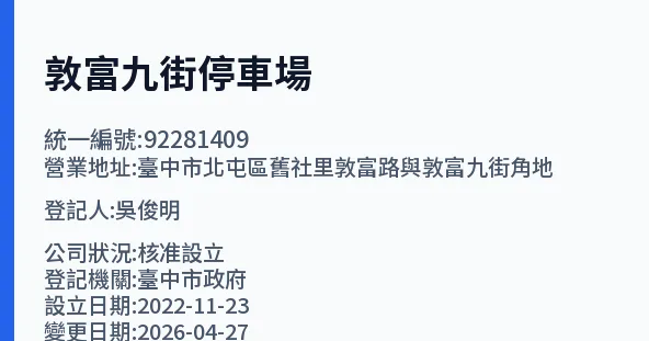 敦富九街停車場的照片-統編 92281409(臺中市) 公司登記資料與營業項目詳細圖表