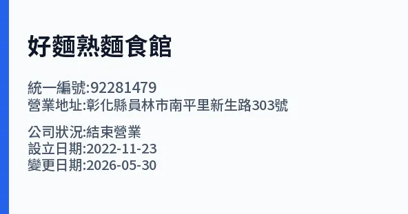 好麵熟麵食館的照片-統編 92281479(彰化縣) 公司登記資料與營業項目詳細圖表