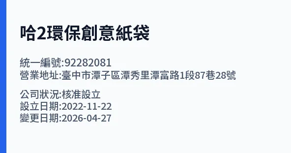 哈2環保創意紙袋的照片-統編 92282081(臺中市) 公司登記資料與營業項目詳細圖表