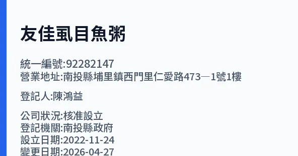 友佳虱目魚粥的照片-統編 92282147(南投縣) 公司登記資料與營業項目詳細圖表