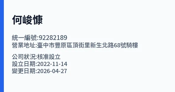 何峻慷的照片-統編 92282189(臺中市) 公司登記資料與營業項目詳細圖表
