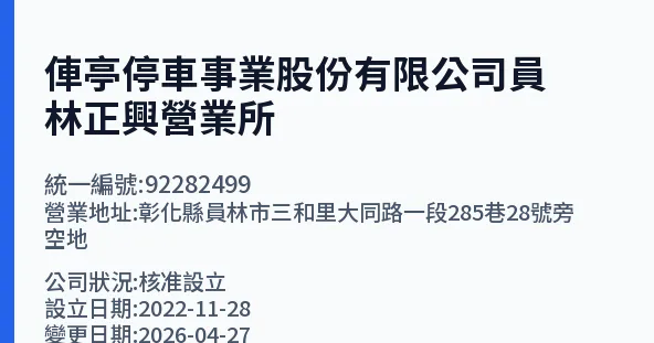 俥亭停車事業股份有限公司員林正興營業所的照片-統編 92282499(彰化縣) 公司登記資料與營業項目詳細圖表