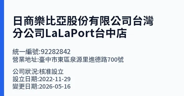 日商樂比亞股份有限公司台灣分公司LaLaPort台中店的照片-統編 92282842(臺中市) 公司登記資料與營業項目詳細圖表