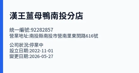 漢王薑母鴨南投分店的照片-統編 92282857(南投縣) 公司登記資料與營業項目詳細圖表