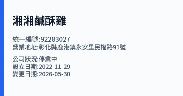 湘湘鹹酥雞的照片-統編 92283027(彰化縣) 公司登記資料與營業項目詳細圖表