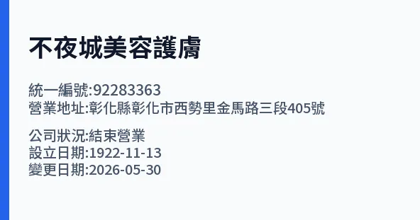 不夜城美容護膚的照片-統編 92283363(彰化縣) 公司登記資料與營業項目詳細圖表