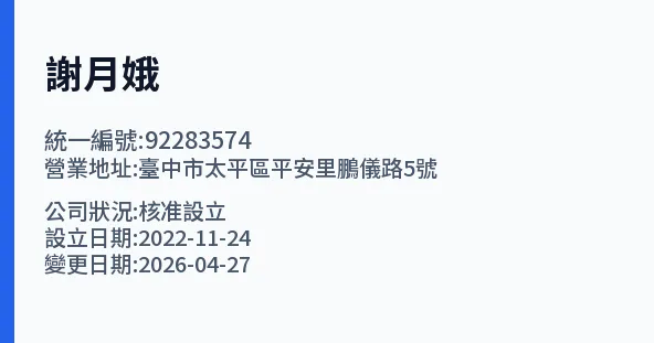 謝月娥的照片-統編 92283574(臺中市) 公司登記資料與營業項目詳細圖表