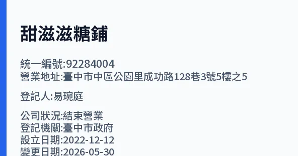 甜滋滋糖鋪的照片-統編 92284004(臺中市) 公司登記資料與營業項目詳細圖表