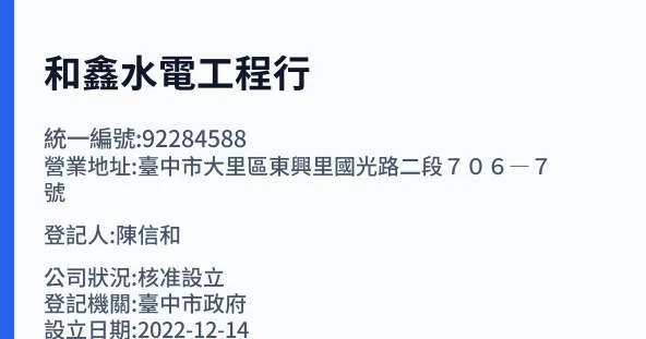 和鑫水電工程行的照片-統編 92284588(臺中市) 公司登記資料與營業項目詳細圖表