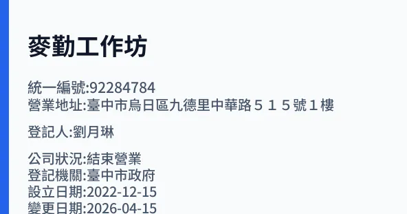 麥勤工作坊的照片-統編 92284784(臺中市) 公司登記資料與營業項目詳細圖表
