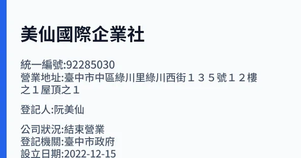 美仙國際企業社的照片-統編 92285030(臺中市) 公司登記資料與營業項目詳細圖表
