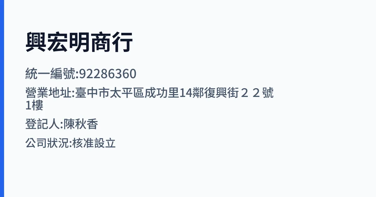 興宏明商行 - 統編 92286360(臺中市) 公司登記資料與營業項目詳細圖表