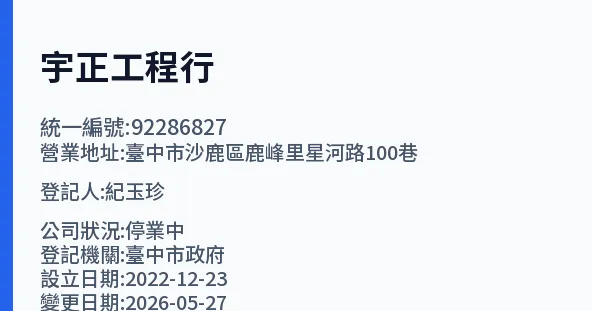 宇正工程行的照片-統編 92286827(臺中市) 公司登記資料與營業項目詳細圖表