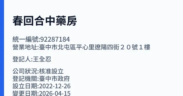 春回合中藥房的照片-統編 92287184(臺中市) 公司登記資料與營業項目詳細圖表
