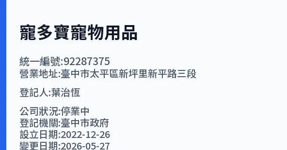 寵多寶寵物用品的照片-統編 92287375(臺中市) 公司登記資料與營業項目詳細圖表