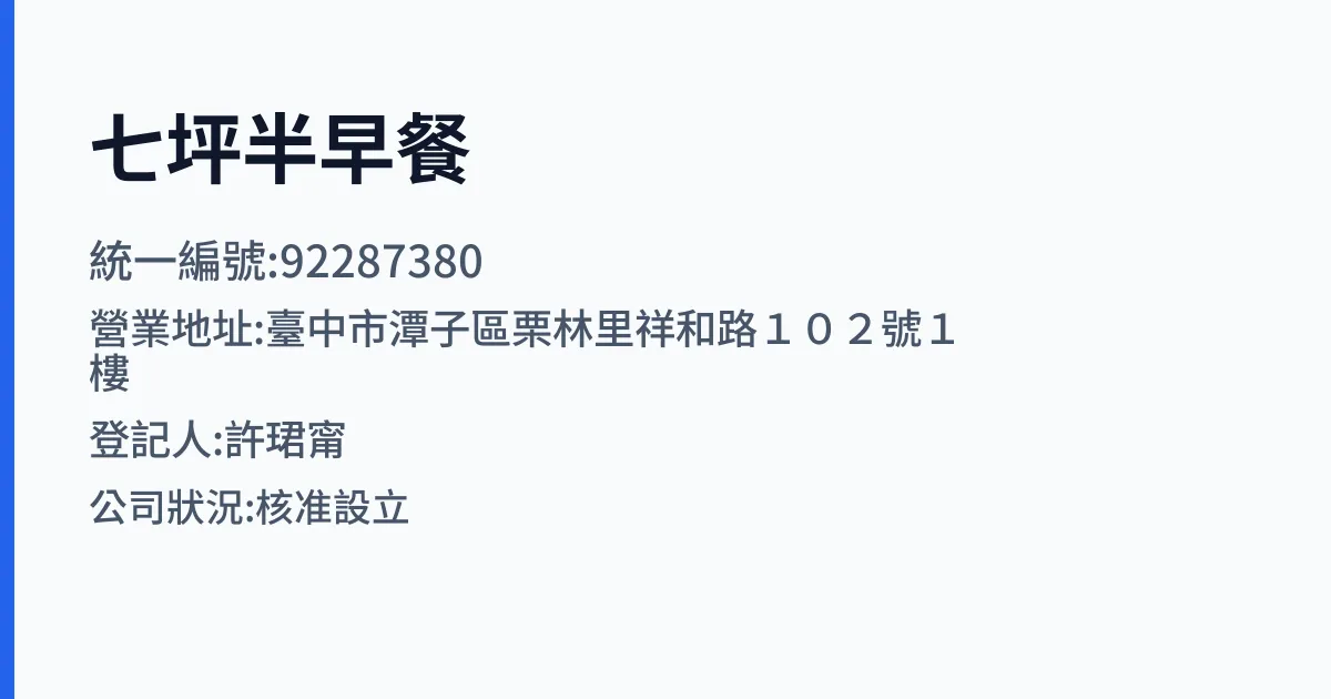 七坪半早餐 - 統編 92287380(臺中市) 公司登記資料與營業項目詳細圖表