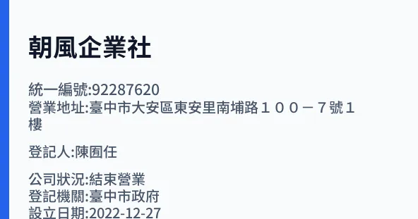 朝風企業社的照片-統編 92287620(臺中市) 公司登記資料與營業項目詳細圖表