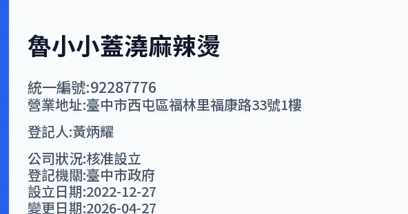 魯小小蓋澆麻辣燙的照片-統編 92287776(臺中市) 公司登記資料與營業項目詳細圖表