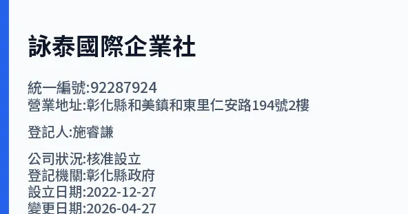 詠泰國際企業社的照片-統編 92287924(彰化縣) 公司登記資料與營業項目詳細圖表