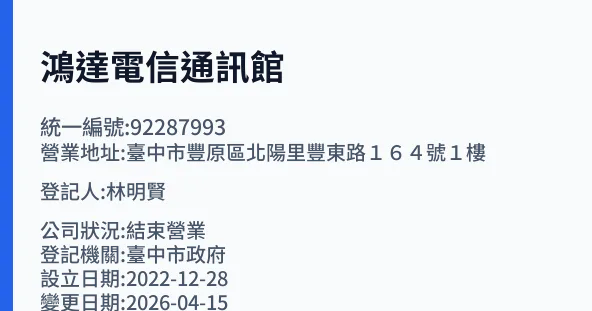 鴻達電信通訊館的照片-統編 92287993(臺中市) 公司登記資料與營業項目詳細圖表
