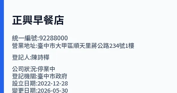 正興早餐店的照片-統編 92288000(臺中市) 公司登記資料與營業項目詳細圖表