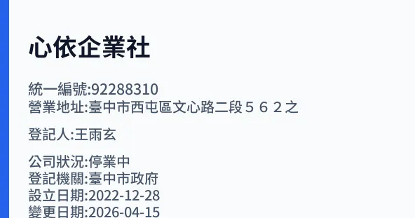 心依企業社的照片-統編 92288310(臺中市) 公司登記資料與營業項目詳細圖表