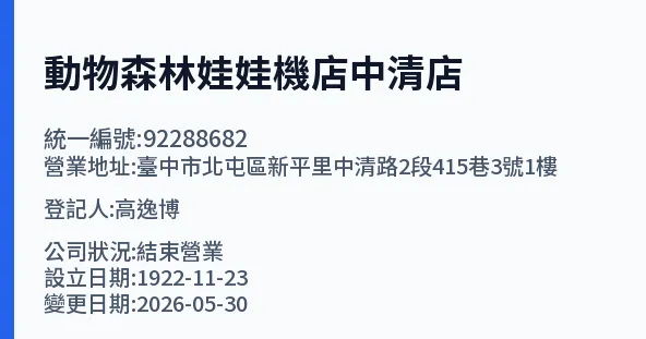 動物森林娃娃機店中清店的照片-統編 92288682(臺中市) 公司登記資料與營業項目詳細圖表