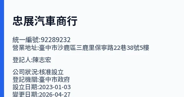 忠展汽車商行的照片-統編 92289232(臺中市) 公司登記資料與營業項目詳細圖表