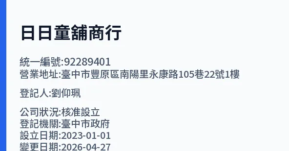 日日童舖商行的照片-統編 92289401(臺中市) 公司登記資料與營業項目詳細圖表