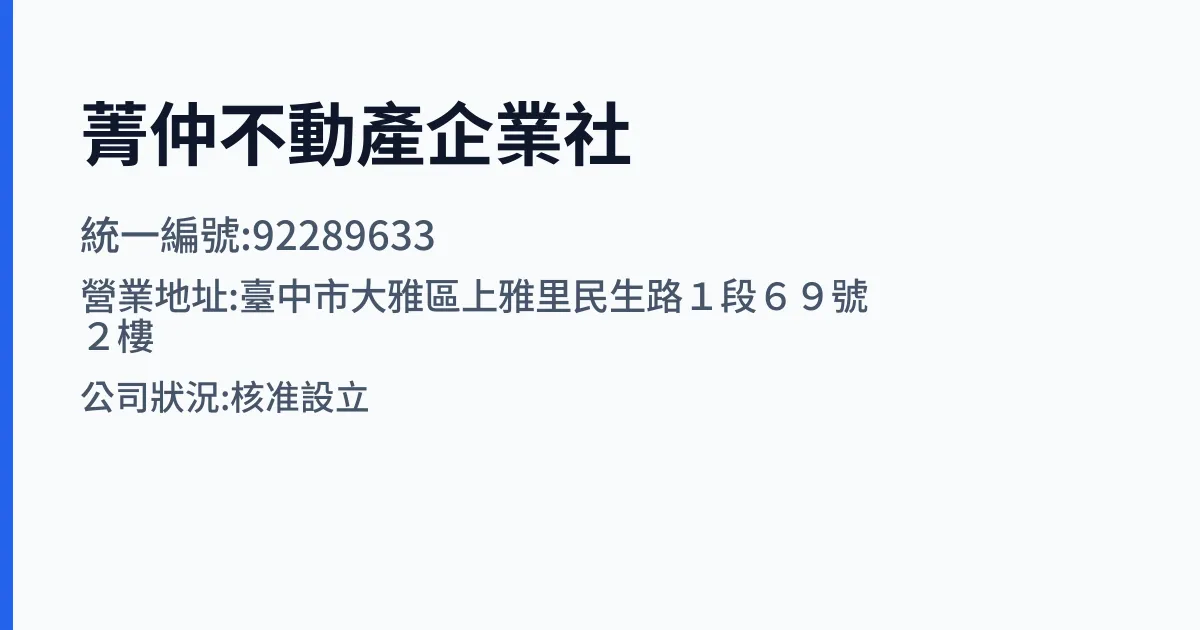 菁仲不動產企業社 - 統編 92289633(臺中市) 公司登記資料與營業項目詳細圖表