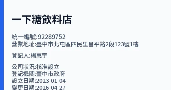 一下糖飲料店的照片-統編 92289752(臺中市) 公司登記資料與營業項目詳細圖表