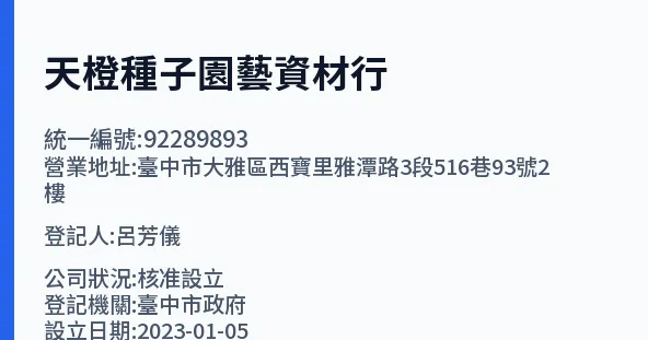 天橙種子園藝資材行的照片-統編 92289893(臺中市) 公司登記資料與營業項目詳細圖表