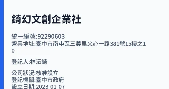 錡幻文創企業社的照片-統編 92290603(臺中市) 公司登記資料與營業項目詳細圖表