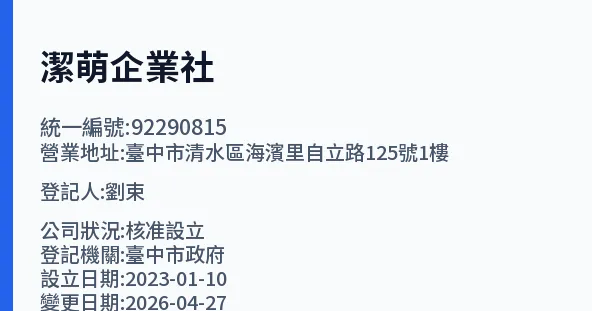 潔萌企業社的照片-統編 92290815(臺中市) 公司登記資料與營業項目詳細圖表