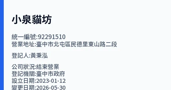 小泉貓坊的照片-統編 92291510(臺中市) 公司登記資料與營業項目詳細圖表