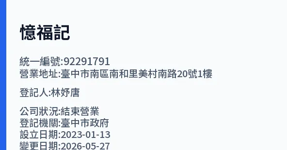 憶福記的照片-統編 92291791(臺中市) 公司登記資料與營業項目詳細圖表