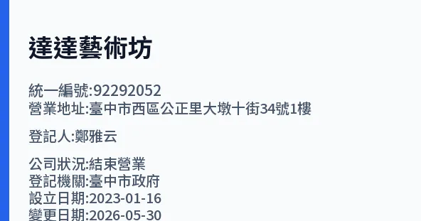 達達藝術坊的照片-統編 92292052(臺中市) 公司登記資料與營業項目詳細圖表
