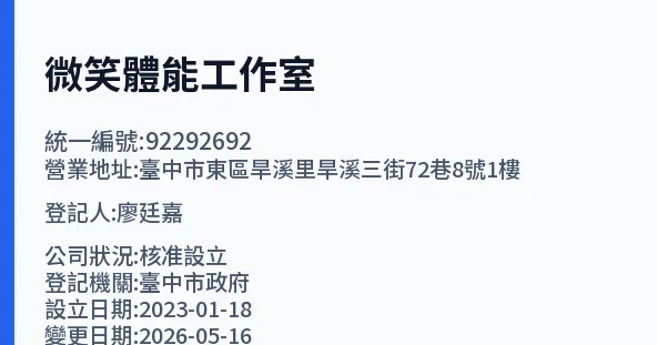 微笑體能工作室的照片-統編 92292692(臺中市) 公司登記資料與營業項目詳細圖表