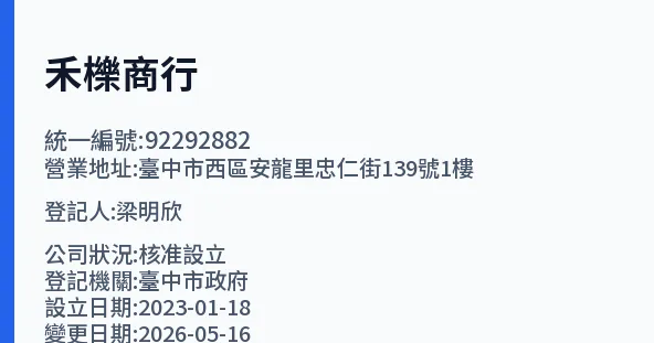 禾櫟商行的照片-統編 92292882(臺中市) 公司登記資料與營業項目詳細圖表