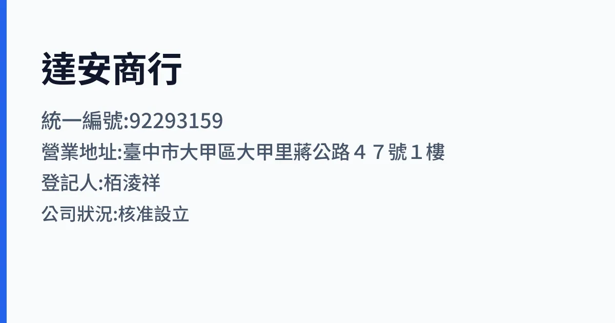 達安商行 - 統編 92293159(臺中市) 公司登記資料與營業項目詳細圖表