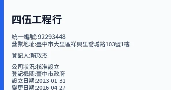 四伍工程行的照片-統編 92293448(臺中市) 公司登記資料與營業項目詳細圖表